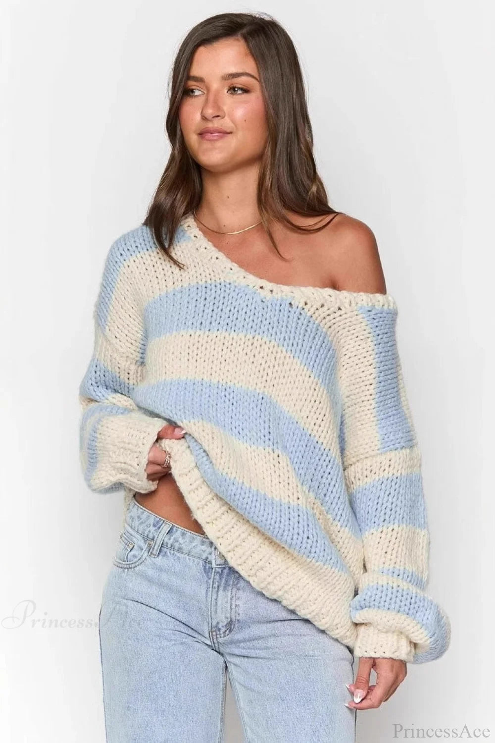 Casual Loose Off-Shoulder Striped Sweet Sweater – PrincessAce