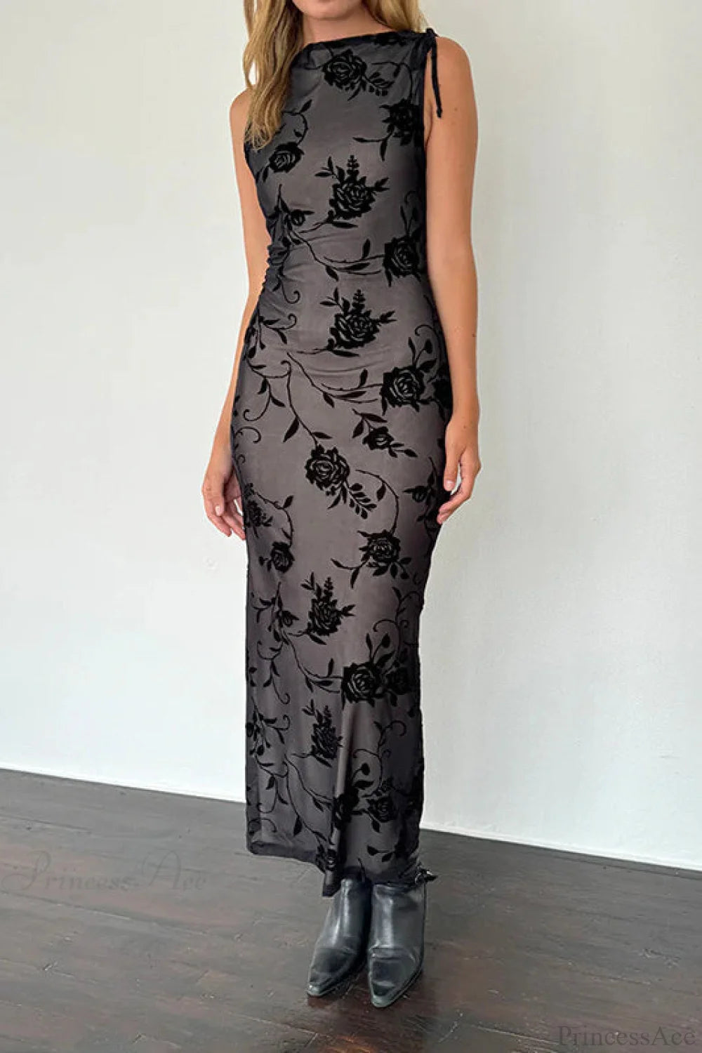 Flocked Mesh Sleeveless Bodycon Maxi Dress – PrincessAce
