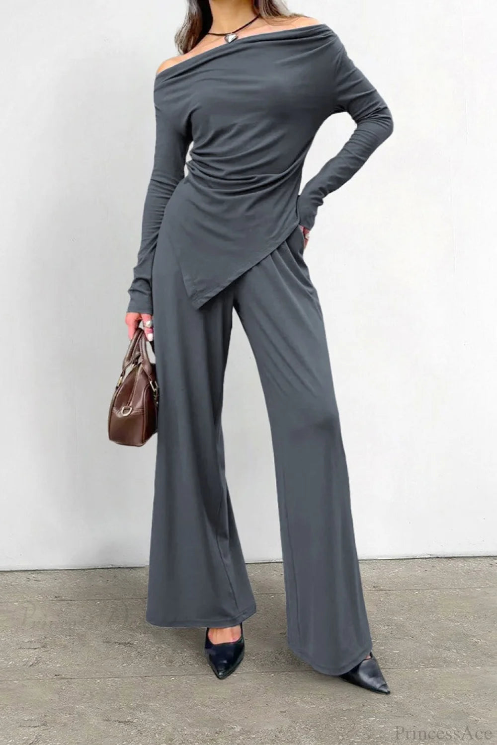 Gray Knit Off-the-Shoulder High Waist Wide Leg Two Piece Set – PrincessAce