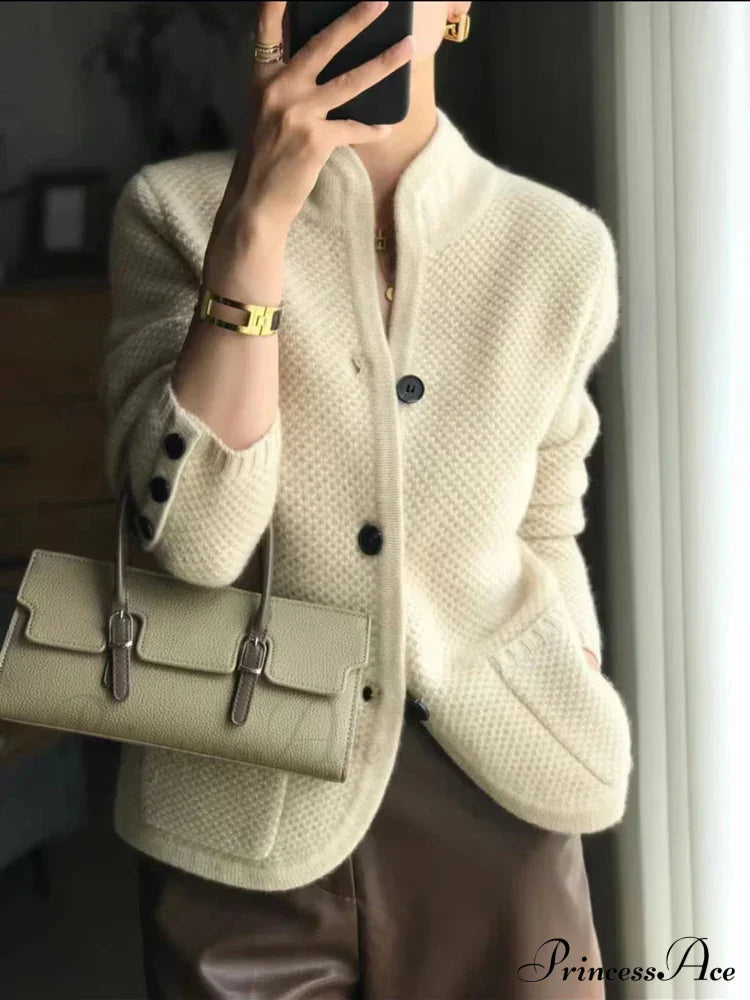 High-end Cashmere Wool Long Sleeve Half High Collar Cardigan – PrincessAce