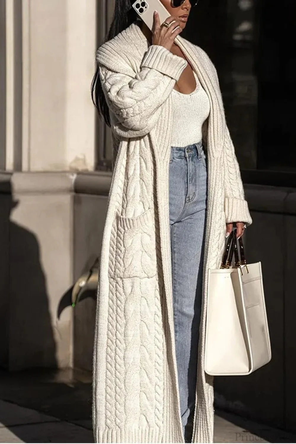 Knitted White Lapel Woolen Double Pocket Overcoat – PrincessAce