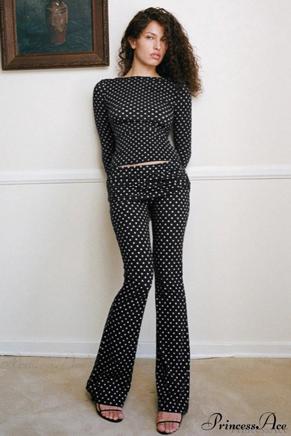 Polka Dot Vintage Off-Shoulder Long Sleeve Flare Two Piece Set ...