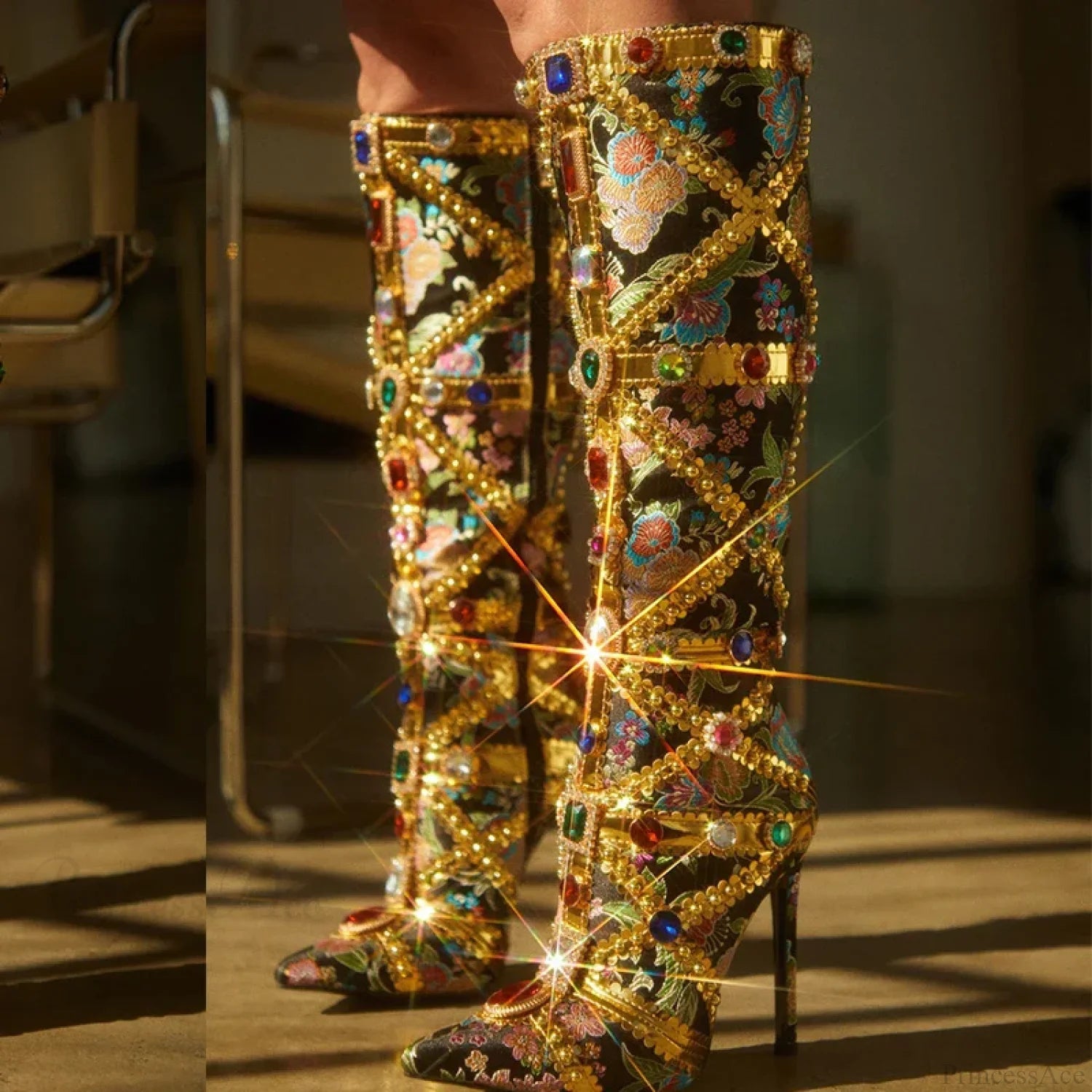 RunwayFashion Color Gem Embroider Pointed Toe Zip Stripper Heels Boot ...