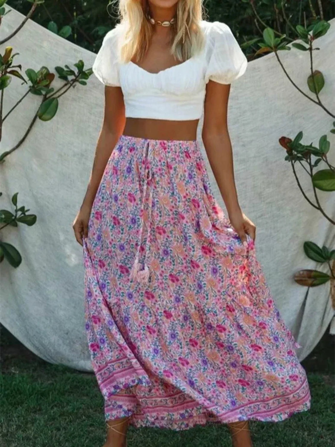 Vintage Pink Floral Print Split Beach Bohemian Maxi Skirt – PrincessAce